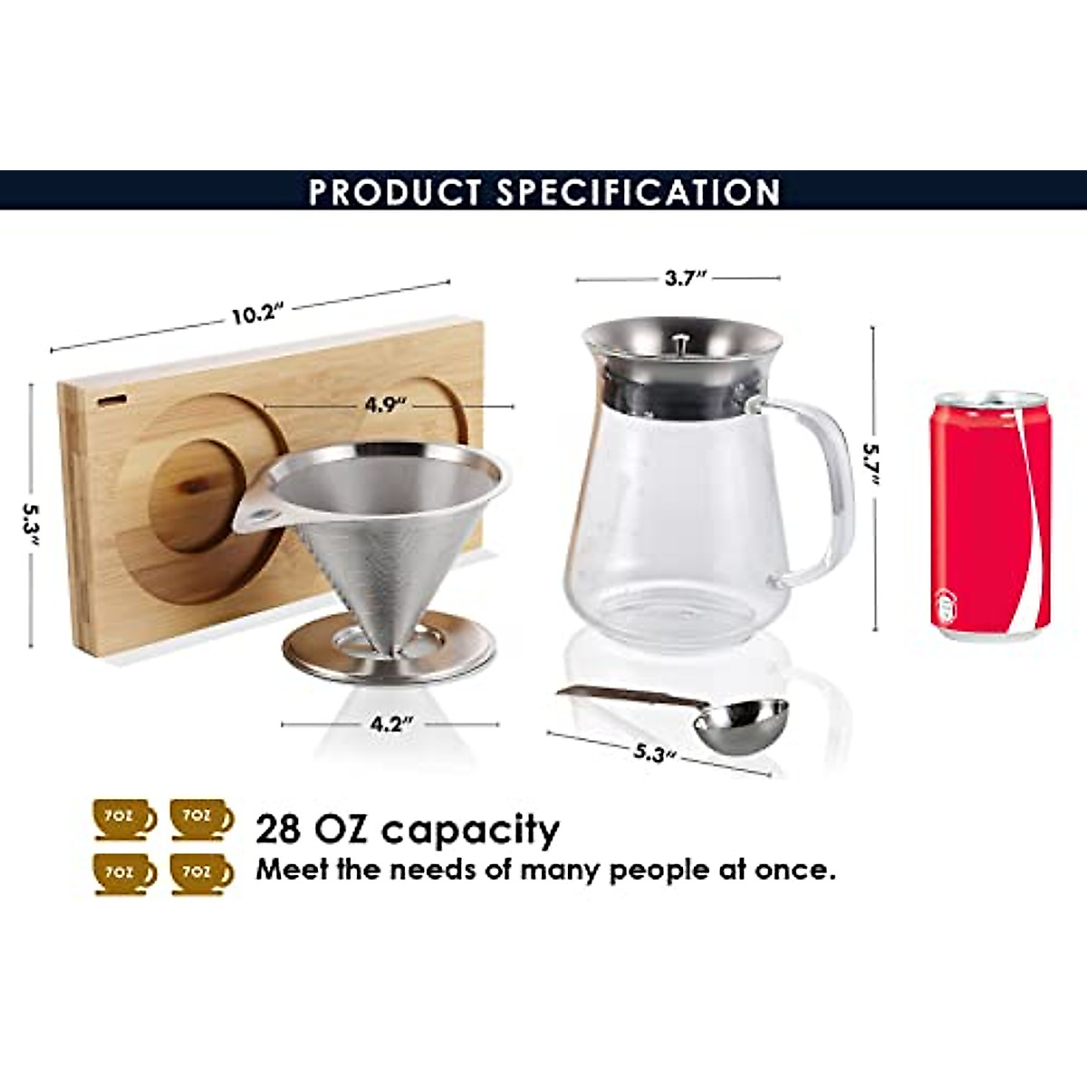 Aquach Pour Over Coffee Maker Set with Extra Large Coffee Dripper, 28 oz Glass Carafe, Stainlesss Steel Coffee Scoop and Bamboo Storage Tray, Unique Set for Home or Office