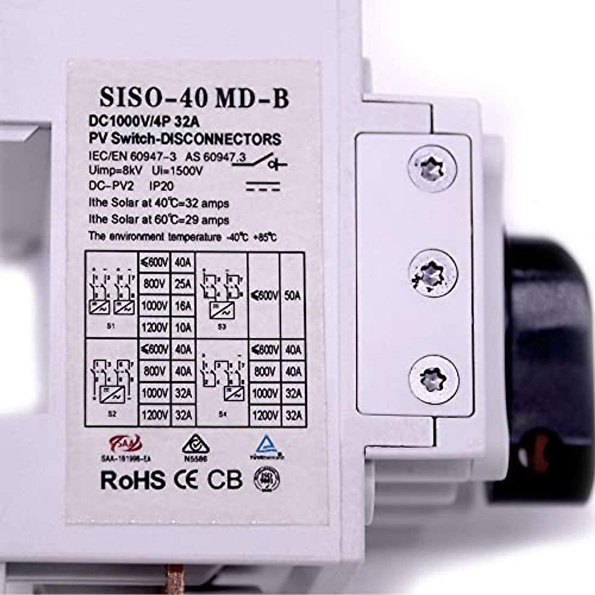 Solar DC Isolator Switch 1000V/32A PV DC Battery Disconnect Switch for use in Inverters, Combiner Boxes and Battery Energy Storage Systems