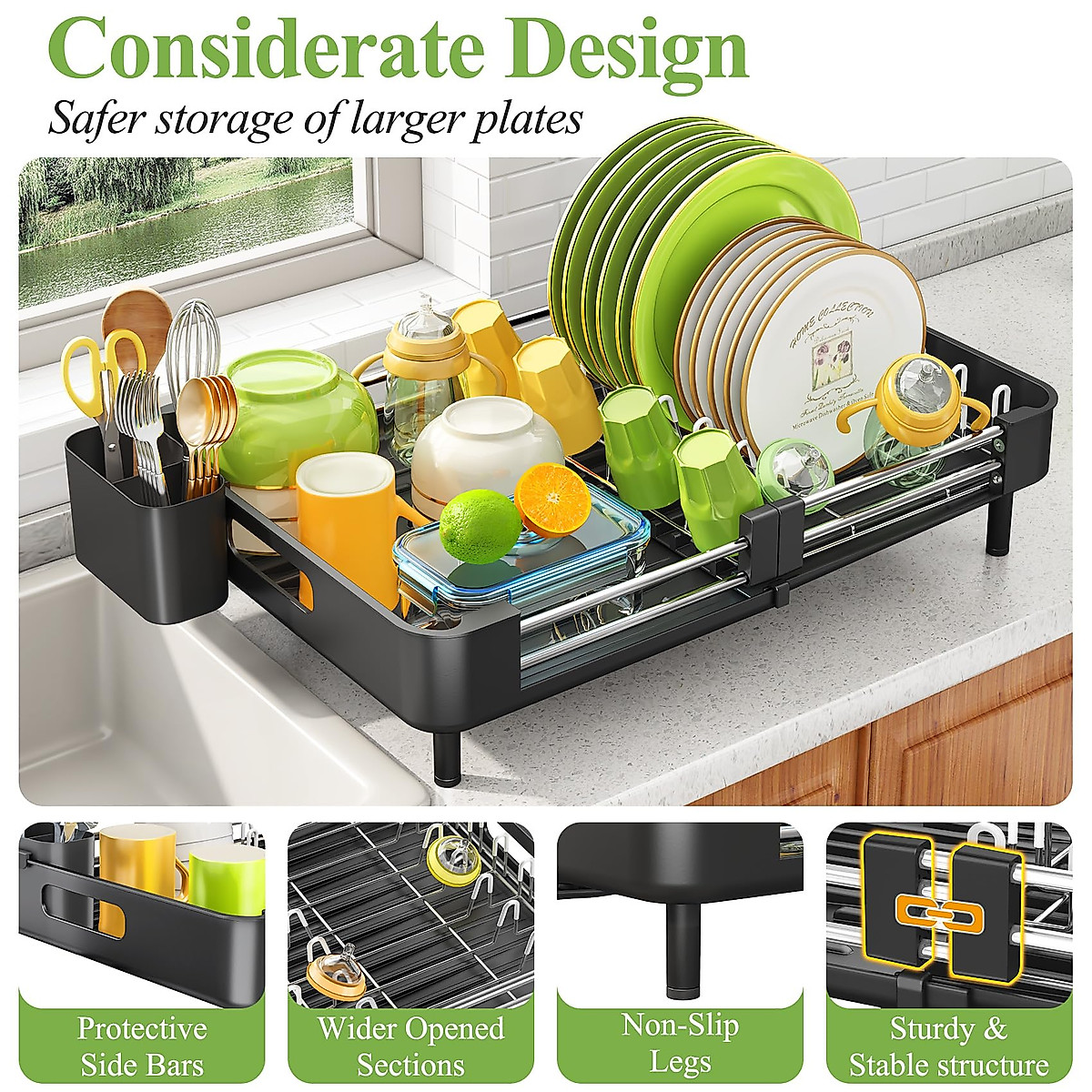 Dish Drying Rack, Kitchen Counter Dish Drainers Rack, Auto-Drain Expandable(13.2"-19.7") Stainless Steel Large Strainers Over Sink Drying Rack Drainboard with Utensil Holder Caddy Organizer, Grey