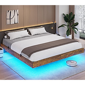 ADORNEVE Floating Bed Frame King Size with RGB LED Lights, Metal King Floating Platform Bed with Storage Space, MDF Board, Stable Structure, No Box Spring Needed, Easy Assembly,Vintage Brown & Black