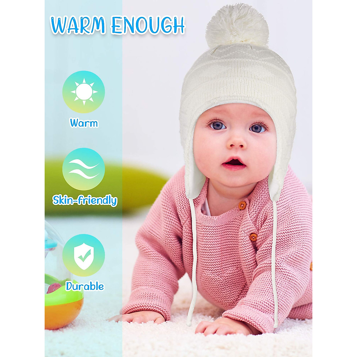 3 Pieces Toddler Baby Kid Winter Beanie Hat Warm Thick Fleece Lined Cap Knit Hat with Earflap and Chin Straps for Girls Boys (1-5 Years)