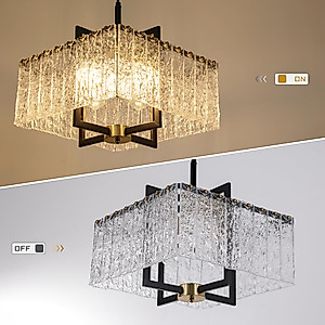 KINGTORO Modern Crystal Chandelier,16" Black Chandeliers for Dining Room, Adjustable Height,Water Ripple Glass,Hanging Pendant Light Fixture for Kitchen Island Entryway Foyer Hallway Living Room