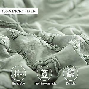 WONGS BEDDING Green Tufted Comforter Set Full Size (80×90 inches), Boho Shabby Chic Comforter Geometry Embroidery Bedding Set 3 Pieces Soft Microfiber Comforter for All Seasons