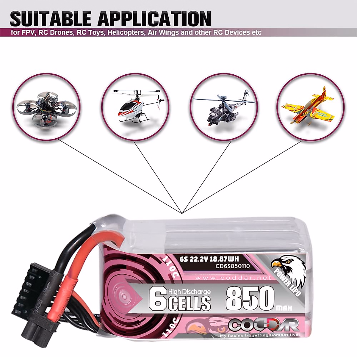 CODDAR 850mAh 6S 22.2V 110C LiPo Battery with XT30 Connector for RC Heli Airplane Quadcopter Helicopter Multi-Motor Hobby DIY Parts,2inch to 3inch FPV, 2inch to 2.5inch CineWhoop