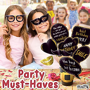 Premium Birthday Photo Booth Props Kit - 27 Pieces Black & Gold Party Decorations - Durable & Easy-to-Use Photobooth Props Signs for Memorable Photos - Party Supply Decorations - by PixiPy