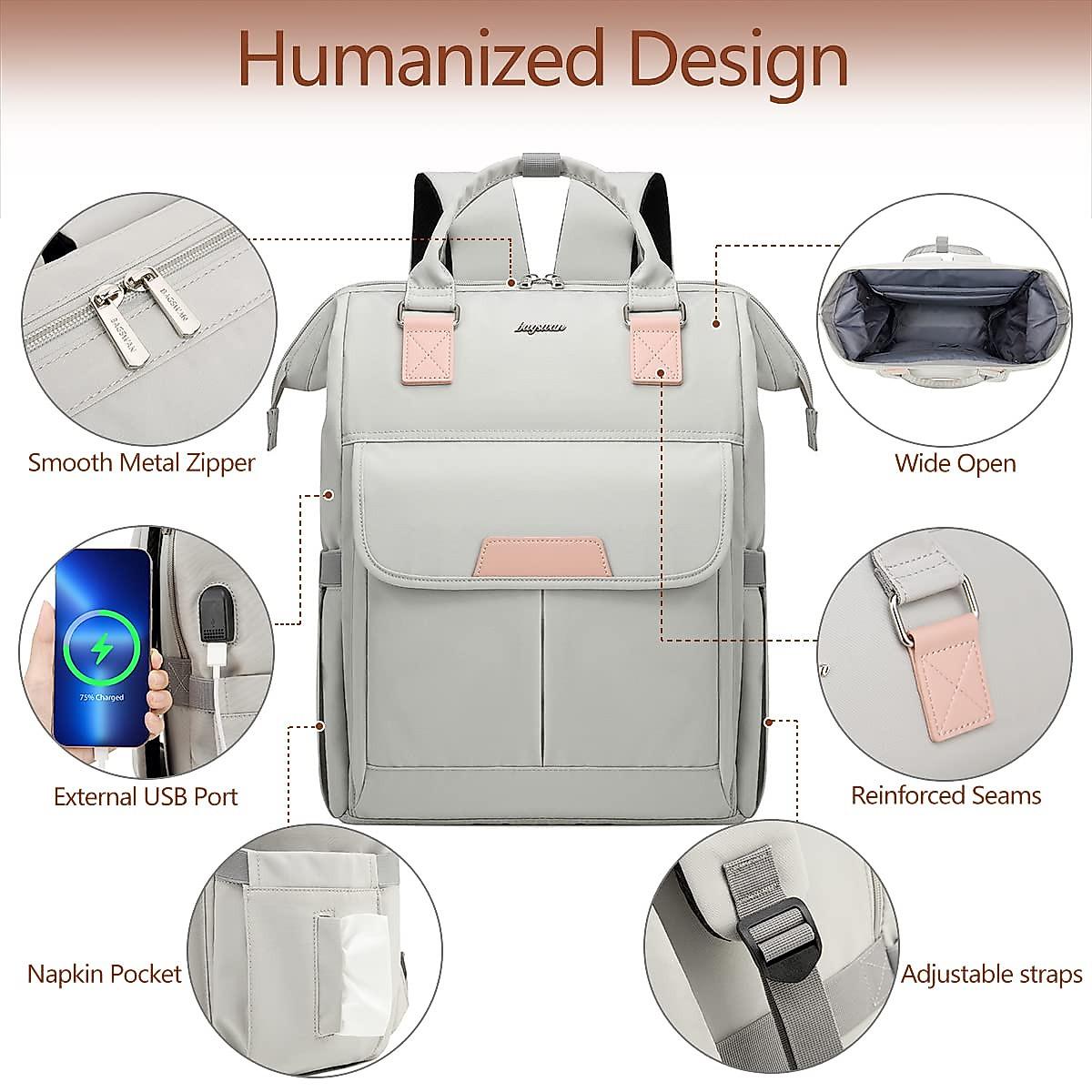 BAGSWAN Women Computer Backpack Nurse Bags: 15.6 Inch laptop Travel Work Bag Professional Waterproof Teacher SchoolBag with USB Port for Business College Backpack Carry on Bookbag for Women Gift(GREY)