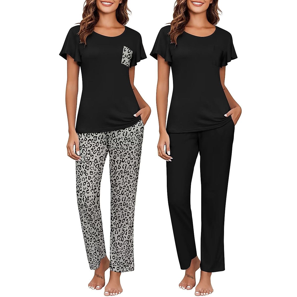 Ekouaer 2 Pack Womens Pajama Sets Short Sleeve with Long Pajama Pant Set Soft Sleepwear Printed Pj Lounge Set with Pockets