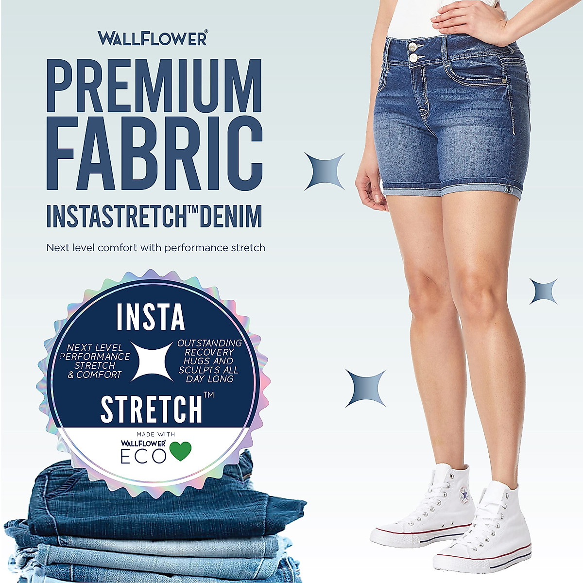 WallFlower Women's Luscious Curvy Denim Mid-Rise Bling Insta Stretch Juniors (Standard and Plus), White Belted Short, 11