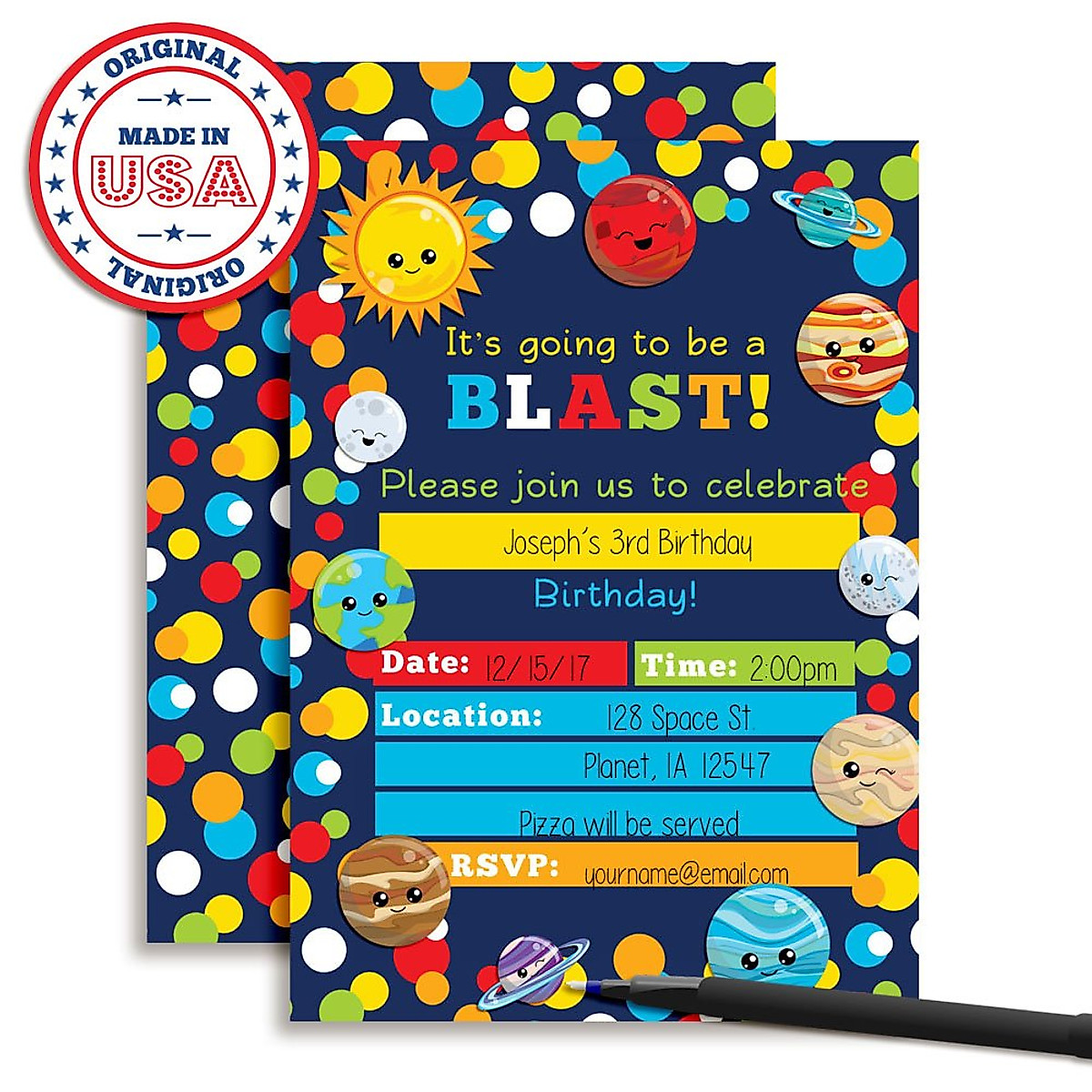 Space Invites Happy Planets– Outer Space Birthday Invitations for Kids, 20 5x7 Fill In Cards with Twenty White Envelopes for Your Outer Space Birthday by AmandaCreation