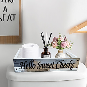 Lnond Rustic Bathroom Decor Box, Bathroom Toilet Tank Tray Storage Basket, Hello Sweet Cheeks Bathroom Wooden Toilet Paper Basket with Handle (Blue and Brown)