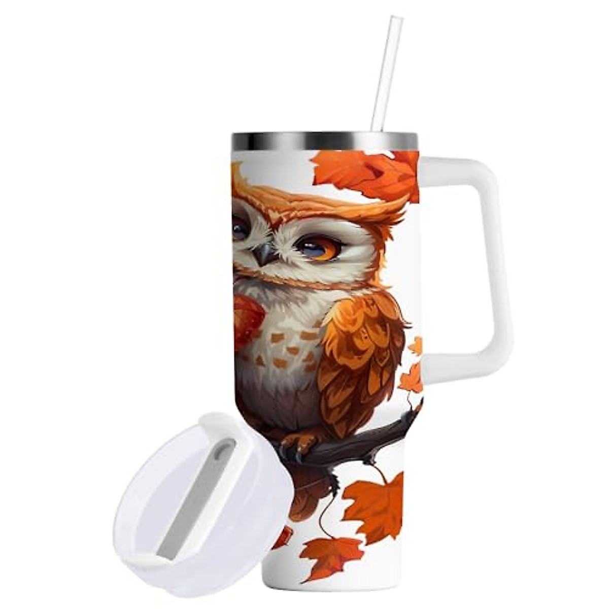 ODAWA Owl Maple Leaf Travel Coffee Tumbler 30 Oz Travel Mug with Handle and Straw