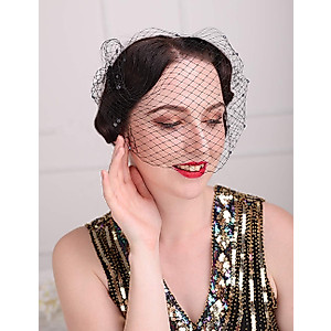 Aimimier Bridal Short Veil with Pearl Comb 1920s Flapper Fascinator Mesh Veil Single-layered Birdcage Veil for Wedding (Black)
