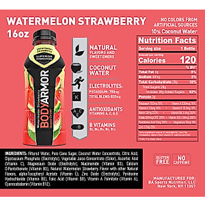 BODYARMOR Sports Drink Sports Beverage, Watermelon Strawberry, Coconut Water Hydration, Natural Flavors With Vitamins, Potassium-Packed Electrolytes, Perfect For Athletes, 16 Fl Oz (Pack of 12)