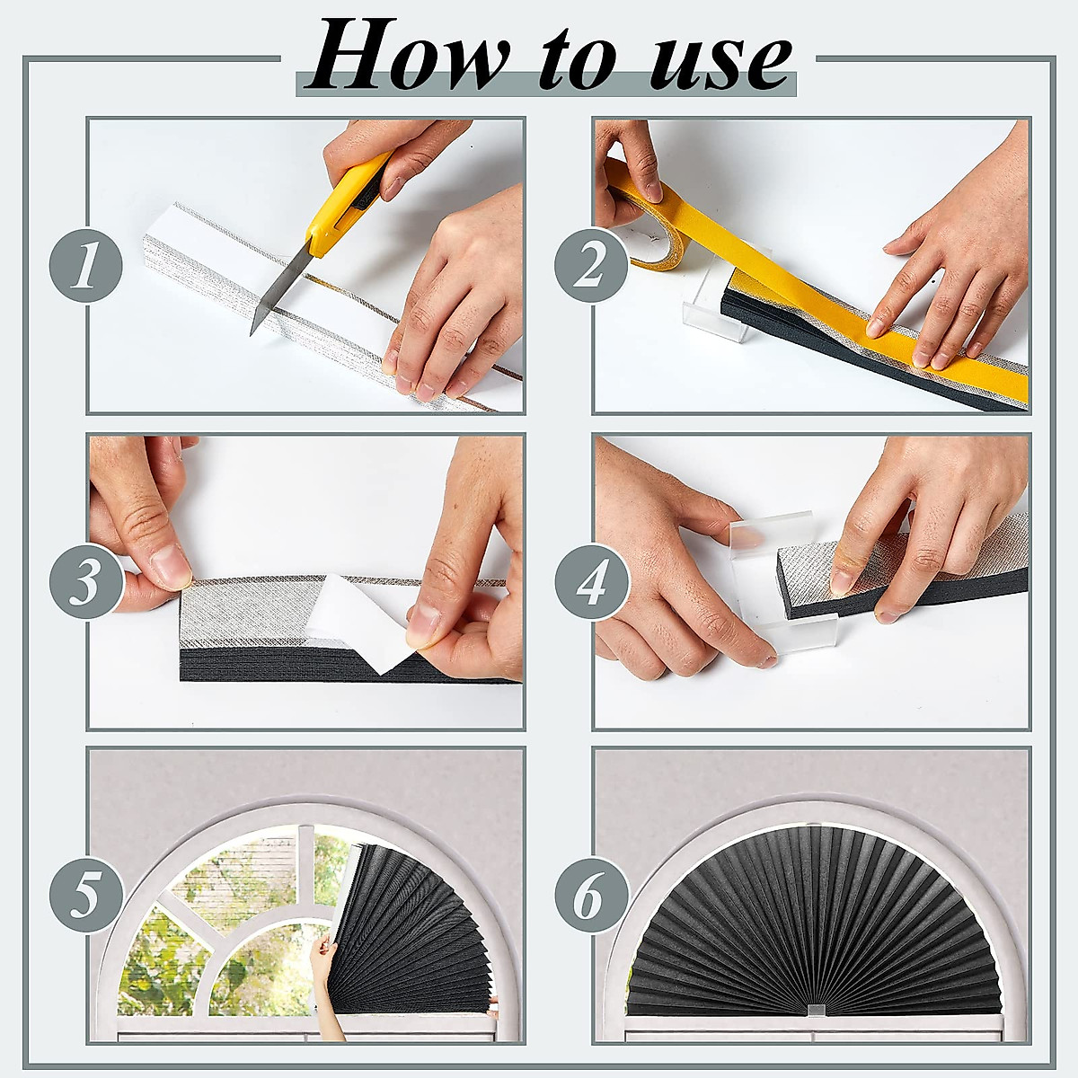 Juexica 2 Pcs Arch Window Set Light Filtering Pleated Shade Blinds Half Circle Blackout Window Cover Half Moon Curtains, Easy Cut and No Tools Install, Dark Grey, 71" x 35"