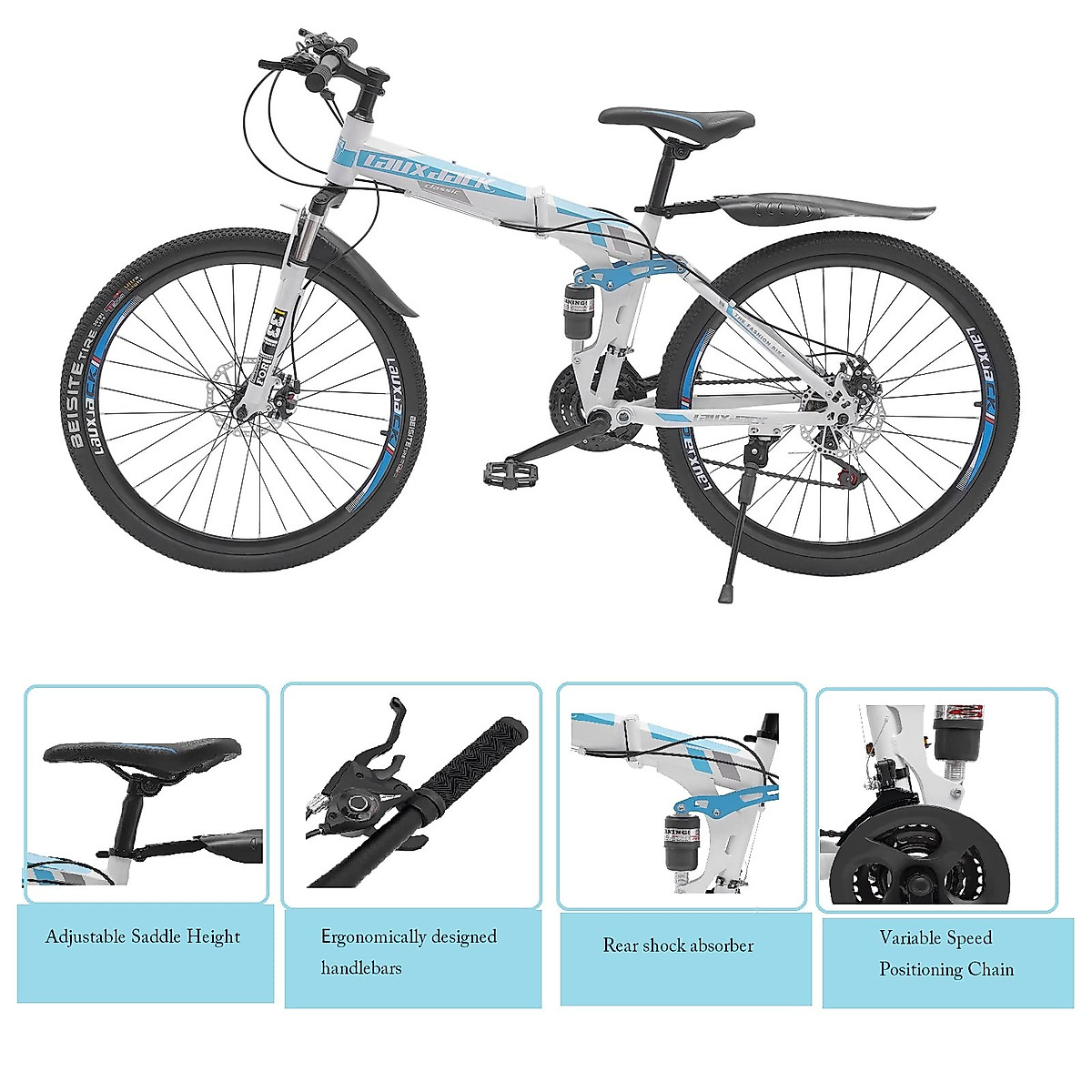 CNCEST 26" Mountain Bike,Folding Bicycle for Women and Men,Front and Rear Disc Brakes,21 Speed Changes,Full Suspension,Adjustable Saddle 80-95cm/ 31.5-37.4in