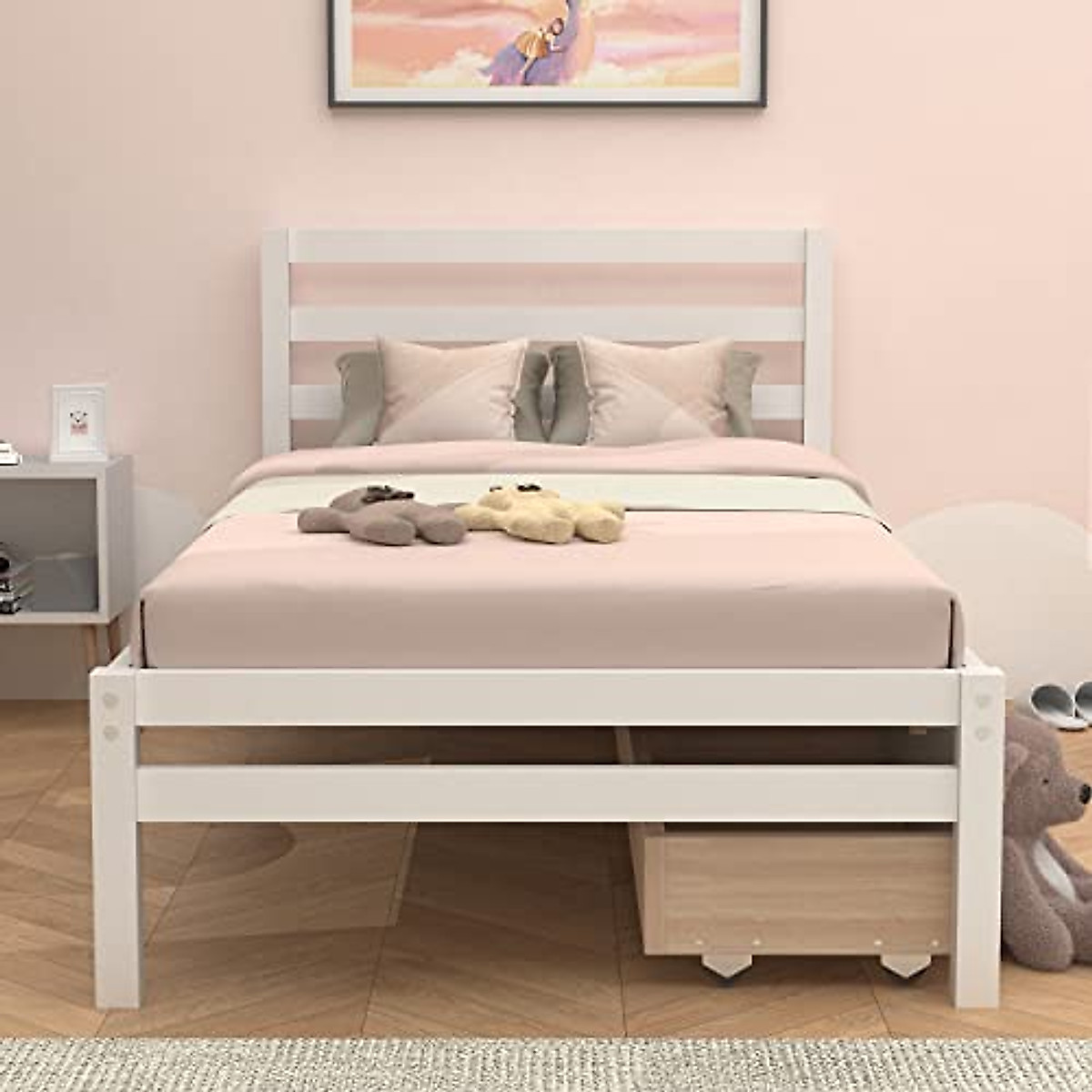TOLEAD Twin Bed with 2 Drawers, Solid Wood Storage Daybed Frame with Headboard for Kids Teens, Slat Support Platform for Bedroom Living Room, White