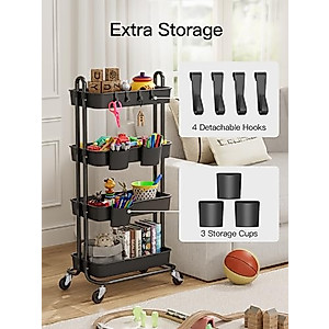Pipishell 4-Tier Rolling Cart, Utility Cart with Lockable Casters, PP Plastic Storage Baskets, Hanging Cups & Hooks, Rolling Cart for Living Room, Bedroom, Kitchen, Bathroom, Art Studio(Black)