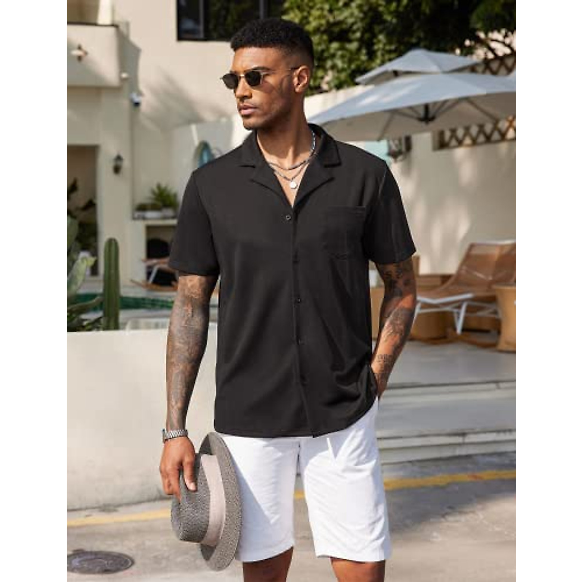 COOFANDY Men's Button Down Cuban Short Sleeve Shirts Textured Crochet Camp Black Shirts