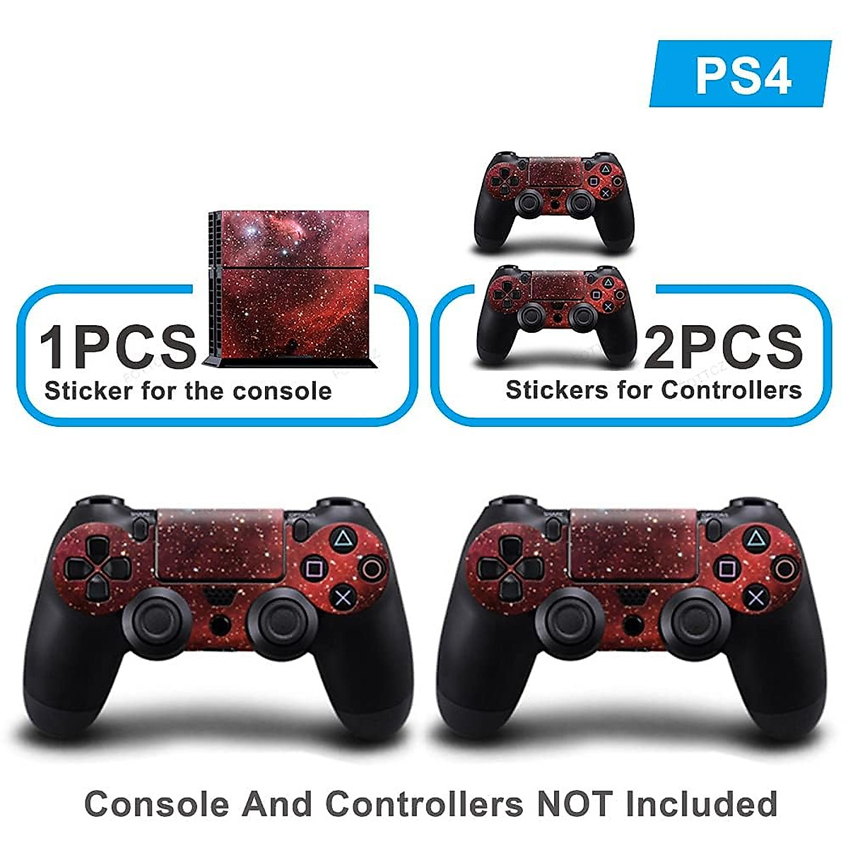 FOTTCZ Whole Body Vinyl Skin Sticker Decal Cover for PS4 Console and 2PCS Controllers Skins Red Nebula
