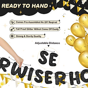 Fulmoon Set of 3 Pre Strung Older Wiser Hotter Glitter Banner Funny Birthday Banner for Women 30th 40th 50th 60th 70th 80th Birthday Party Decorations Birthday Sign Birthday Gift (Black)