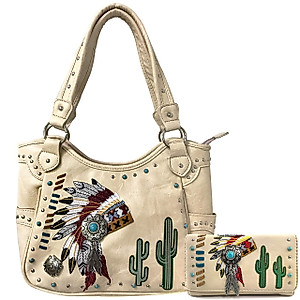 Justin West Native American Chieftain Cactus Feathers Embroidered Studded CCW Concealed Carry Shoulder Purse Handbag Wallet (Beige)
