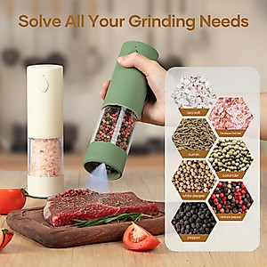 OPIIV 2 Pack Electric Salt and Pepper Grinder Set - USB Rechargeable Automatic Salt Pepper Mill Shaker with LED Light, Adjustable Coarseness, One Hand Operation (Sage/Buttercream)
