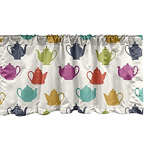Lunarable Teapots Window Valance, Continuous Tea Party Themed Tools Colorful Cartoon Pattern on Pastel Backdrop, Curtain Valance for Kitchen Bedroom Decor with Rod Pocket, 54" X 12", Ivory Magenta