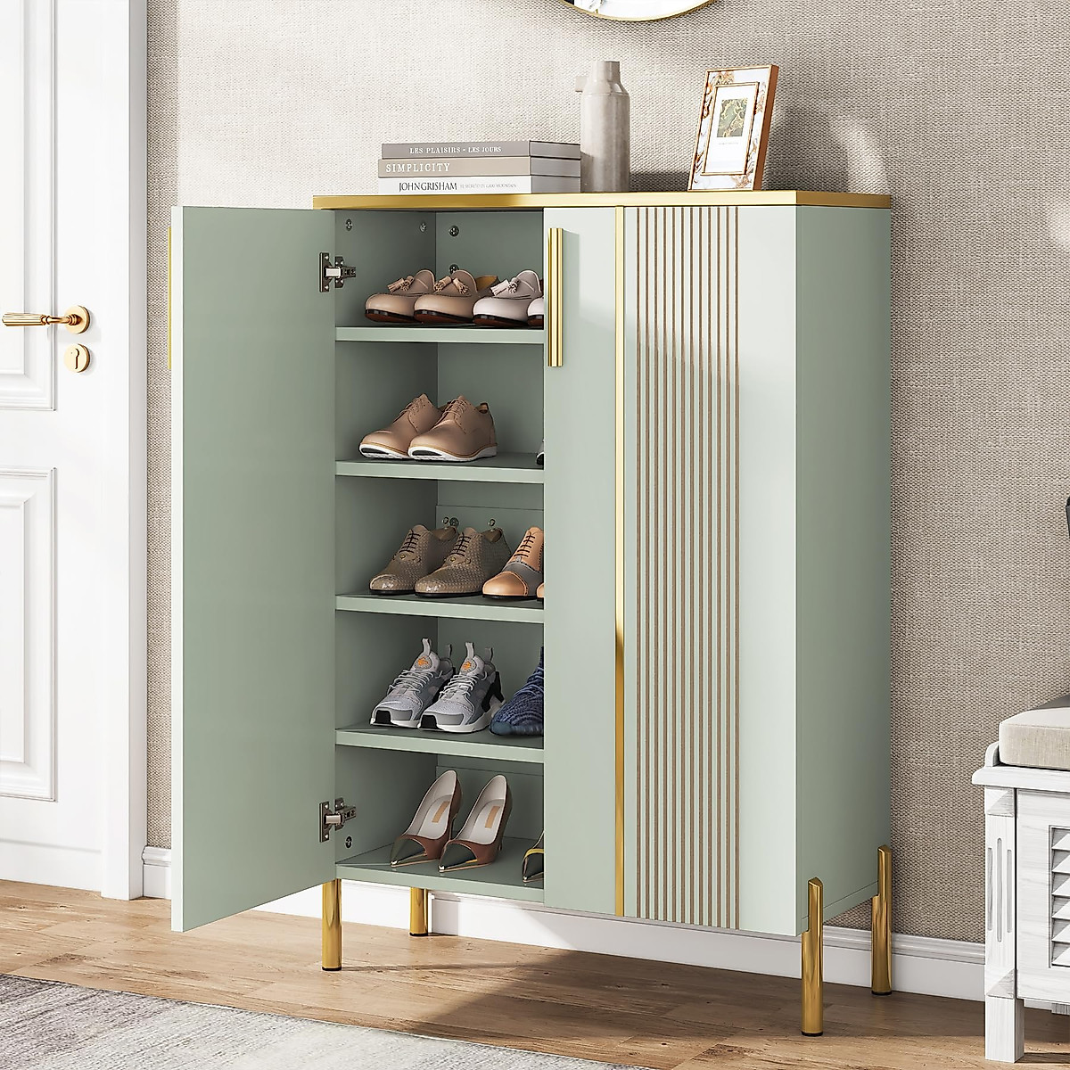Tribesigns Shoe Cabinet with Doors, 6-Tier Shoe Storage Cabinet with Adjustable Shelves, Wooden Shoes Rack Shoe Storage Organizer for Entryway, Hallway, Closet, Living Room, Light Green