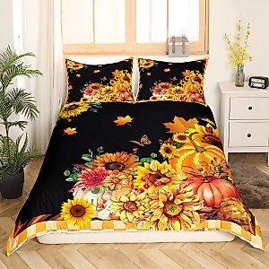 Pumpkin Bedding Duvet Cover Set Fall Sunflowers Butterfly Bedding Set Boys Girls Geometric Plaid Decor Comforter Cover Set Microfiber Vintage Maple Leaves Bedspread Cover Bedroom Bedclothes Queen Size