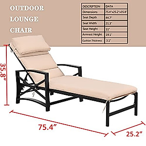LOKATSE HOME Patio Chaise Lounge Chair Outdoor Furniture Reclining Adjustable with Cushion and Soft Pillow for Pool, Deck, Yard, Khaki