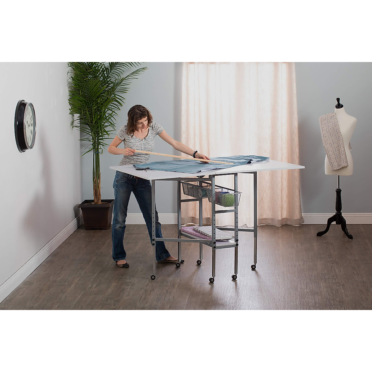 Studio Designs Sew Ready Mobile Height Adjustable Hobby and Craft Cutting Table with Drawers in Silver/White (13374)