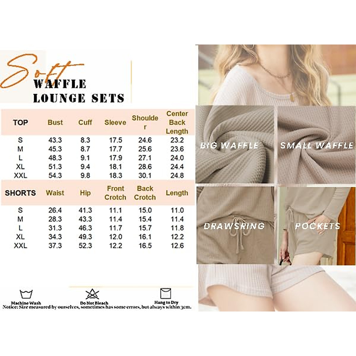 Ekouaer Womens Waffle Knit Pajama Sets Long Sleeve Top and Shorts Matching Lounge Set Sleepwear Loungewear Sweatsuit with Pockets A-Light Khaki Medium