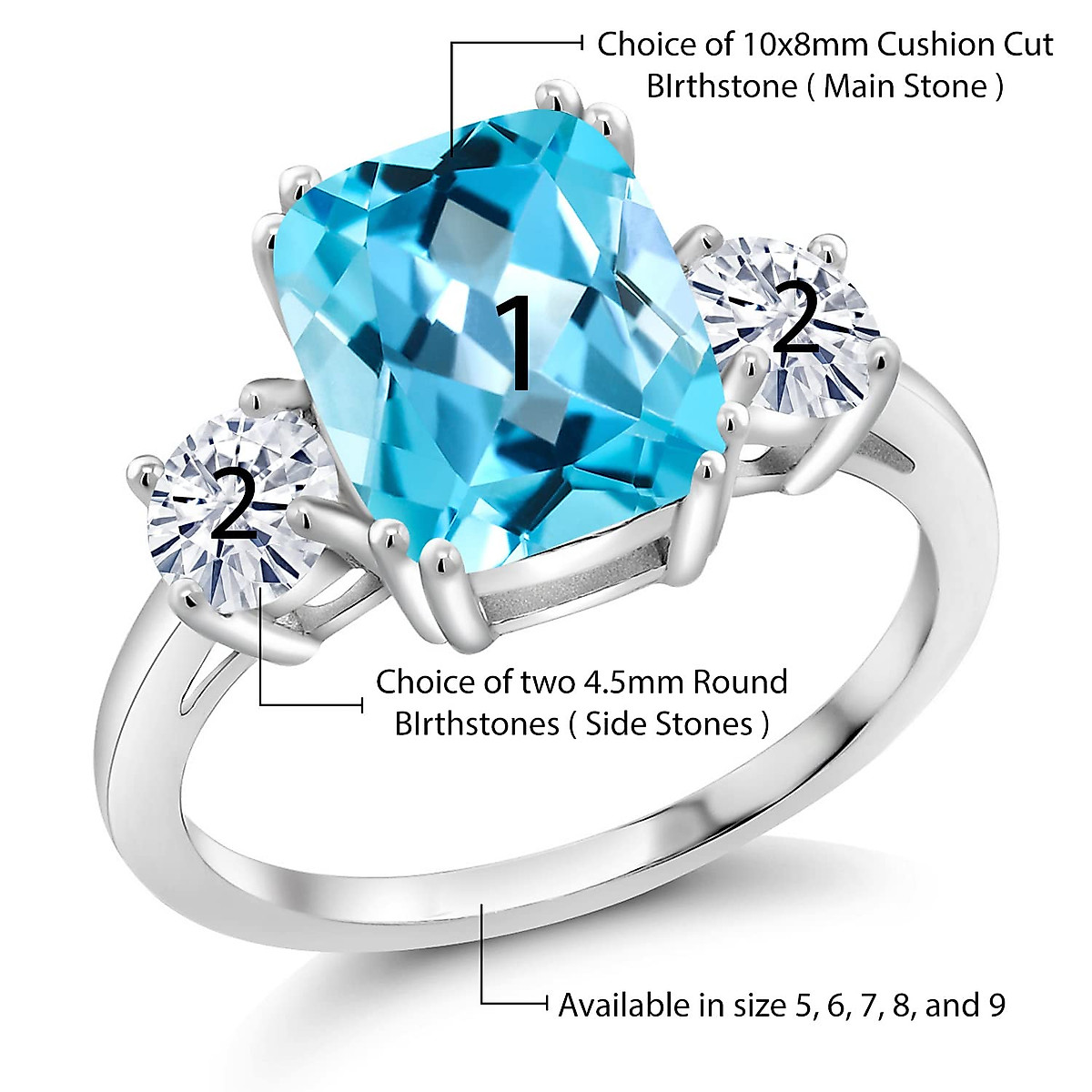 Gem Stone King 925 Sterling Silver Customized and Personalized Build Your Own 3 Stone Round and Cushion Cut Birthstones Ring For Women (Size 6)