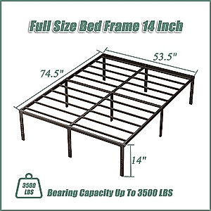 JTPTU 14 Inch Full Size Bed Frame,Metal Platform Bed Frame Full Size No Box Spring Needed, Noise Free,Heavy Duty Steel Slat Support, Easy Assembly,Non Slip Black Full Bed Frame