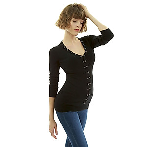 AmélieBoutik Women V Neck Eyelet Trim Long Sleeve Sweater (Black Medium)