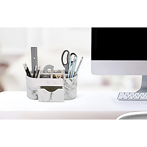 Marble Desk Organizer For Office Supplies Desk Accessories - Pencil Pen Holder Decor - Home School College Organization Desktop Caddy - Faux Leather