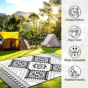 DiiKoo Outdoor Rug Mat for Patio, 6x9ft Waterproof Reversible Plastic Straw Rugs, Camping Carpet Area Mats for RV, Porch, Deck, Backyard, Balcony, Camper, Picnic, Beach, Trailer, Black & White