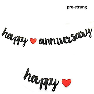 Happy Anniversary Banner Prestrung Red & Black Paper Sign for First Wedding Anniversary Party Decoration Photo Props/Anniversary Ceremony Banner