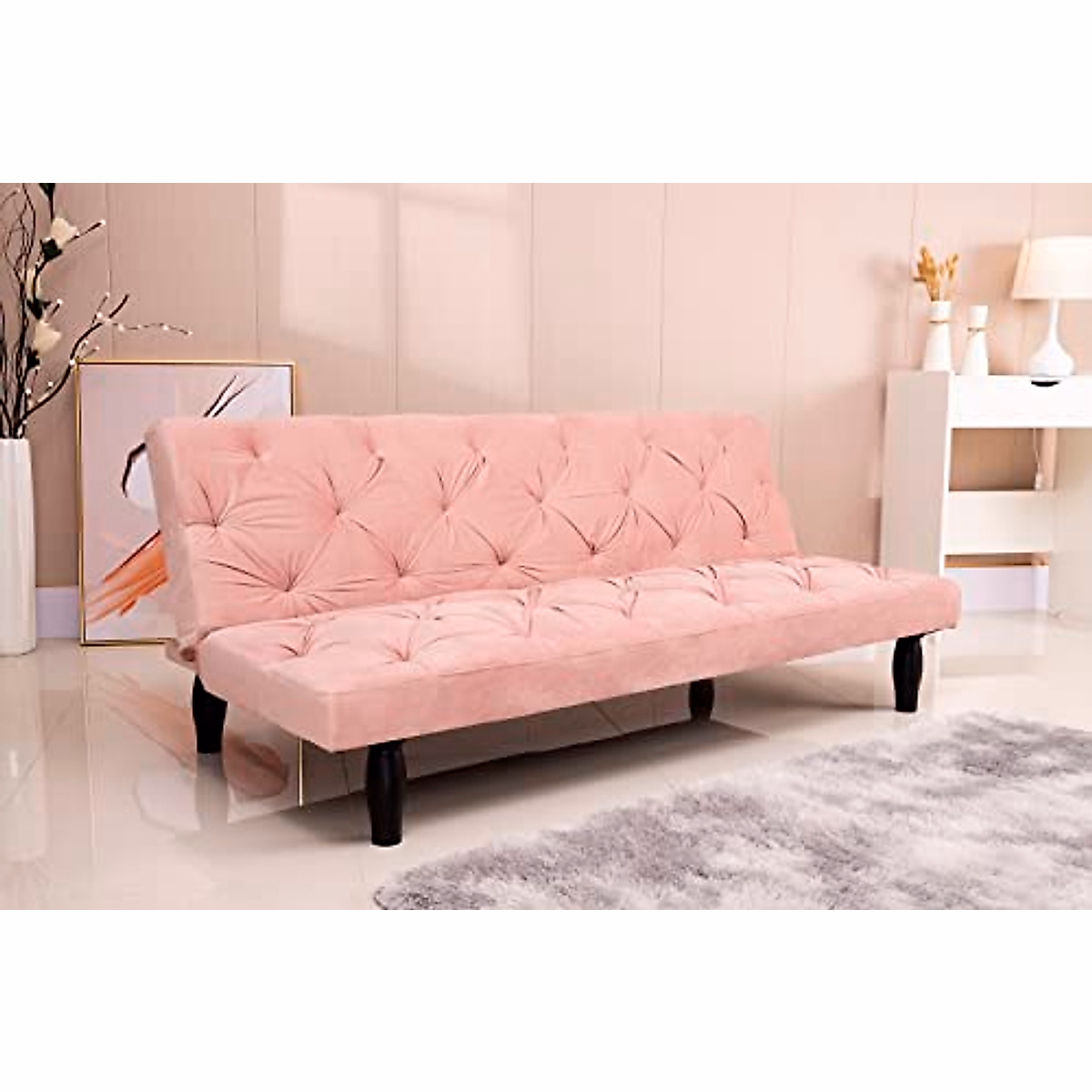 66"Modern Velvet Futon Sofa Bed,Convertible Folding Sleeper Sofa with 3 Angles Adjustable Back,Wood Legs,Small Couch Bed Recliner for Small Space,Living Room Bedroom Apartment Dorms Office (Pink)