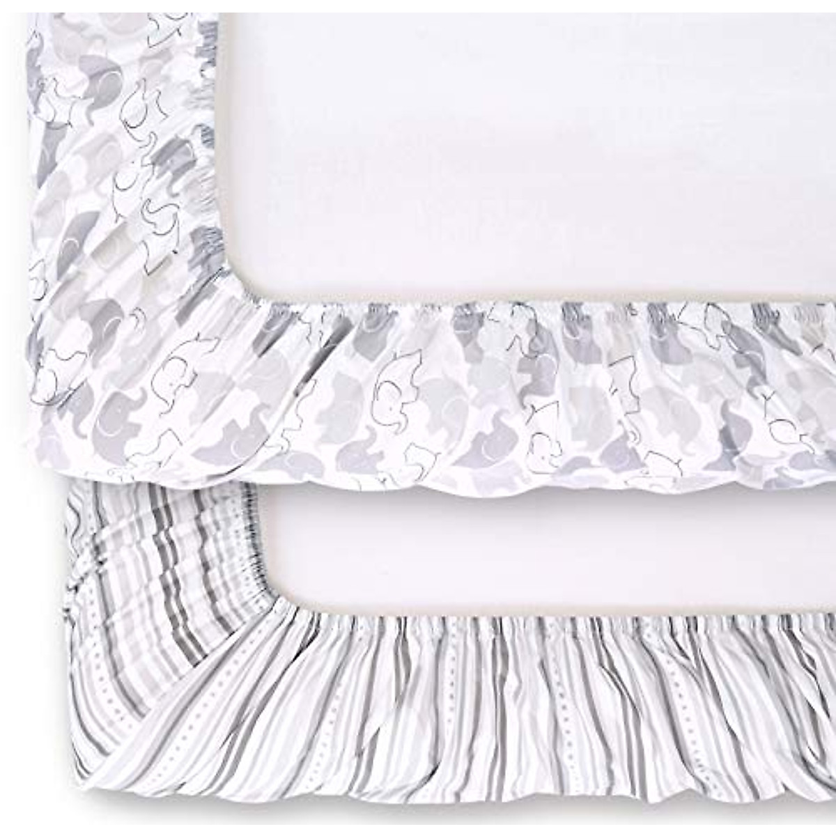 The Peanutshell Fitted Crib Sheet Set for Baby Boys or Girls, Grey Elephants and Stripes, Unisex 2 Pack Set