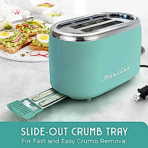 Mueller Retro Toaster 2 Slice with 7 Browning Levels and 3 Functions: Reheat, Defrost & Cancel, Stainless Steel Features, Removable Crumb Tray, Under Base Cord Storage, Turquoise