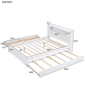 Okak Queen Size Bed Frame with Trundle - Wood Platform Bed with LED Lights Headboard 2 Storage Drawers and Twin Trundle Bed,White
