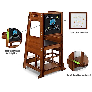 TOETOL Bamboo Toddler Step Stool Learning Kitchen Stool Standing Tower for Toddler Kitchen Counter Helper Stool 3 Height Adjustable with Activity Chalkboard and Whiteboard Message Boards,Non-Slip Mat