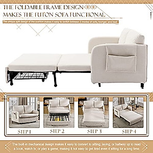 KINFFICT Pull Out Futon Sofa Bed, Convertible Small Loveseat Sleeper with Storage Drawer, 3 in 1 Futon Couch with Removable Pocket and 2 Pillows, Modern Love Seat for Living Room, Guest Room, Beige