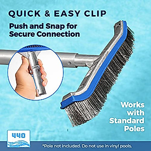 440 Heavy Duty Pool Brush - 18-inch Extra-Wide Metal Brush Head with Stainless Steel Wire Bristles & Curved Edges for Cleaning Pool Tiles, Walls, Floor, Steps - Easy Clip Attachment to Fit Most Poles