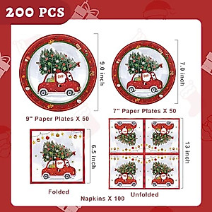 Homlouue 200 Pcs Christmas Paper Plates and Napkins, Santa Claus Car Red and White Plates and Napkins Disposable, Christmas Dinner Serves 50 Guests, Party Table Decorations