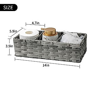 Toilet Tank Topper Paper Basket Multiuse Hand Woven Plastic Wicker Basket Bins with Divider for Shelves Rustic Farmhouse Bathroom Decor Countertop Organizer Storage