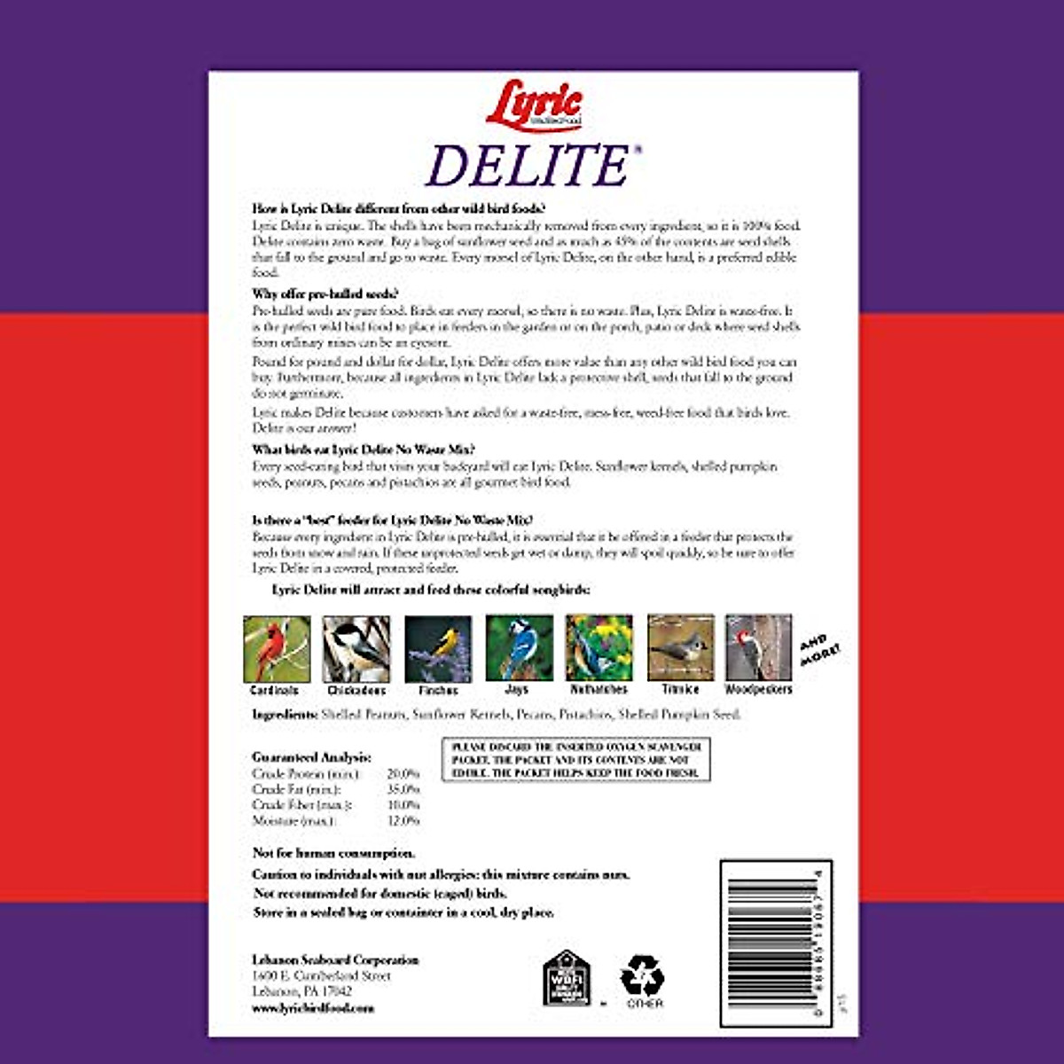 Lyric Delite Wild Bird Seed - No Waste Bird Food Mix with Shell-Free Nuts & Seeds - Attracts Buntings, Chickadees & Finches - 20 lb bag