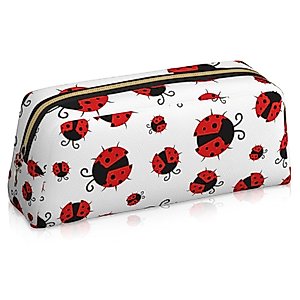 WOBAGMEN Ladybug Pencil Case Cute Leather Zipper Pencil Pouch Pencil Bag Multifunctional Stationery Bag for Boys Girls Women Back to School Gifts