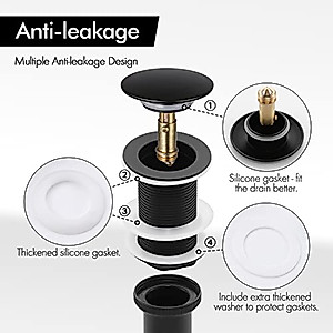 KES Bathroom Sink Drain Without Overflow Sink Drain Stopper Matt Black Pop Up Drain, All Metal Rustproof Brass and 304 Stainless Steel, S2008D-BK